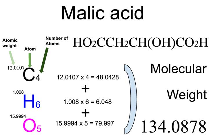 Malic Acid (HO2CCH2CH(OH)CO2H) Molecular Weight Calculation ...